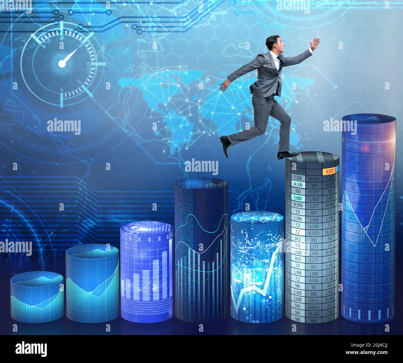 The businessman jumping over bar charts Stock Photo - Alamy