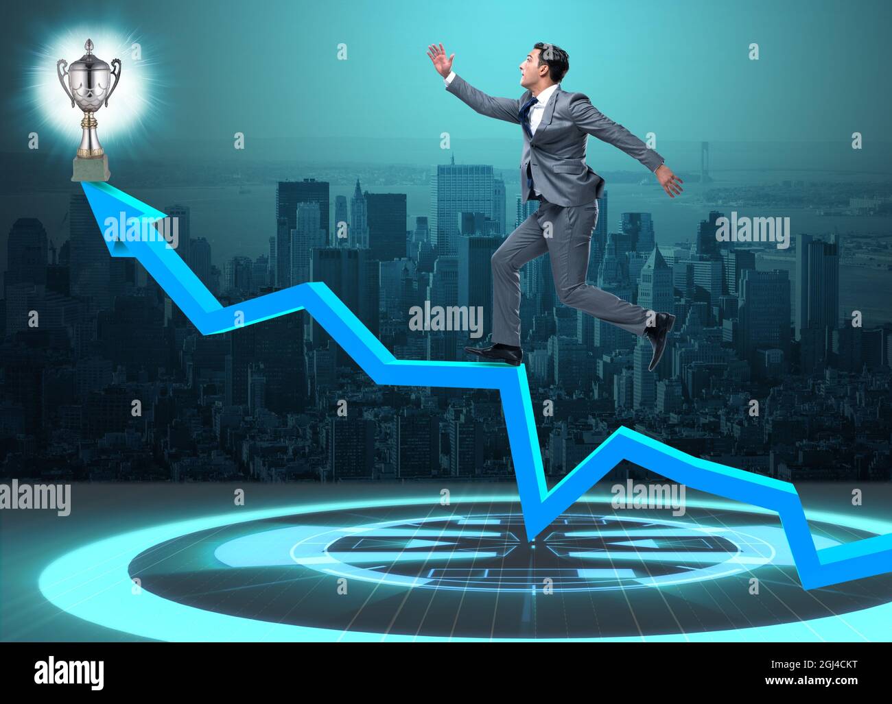 The businessman running towards prize cup trophy Stock Photo - Alamy