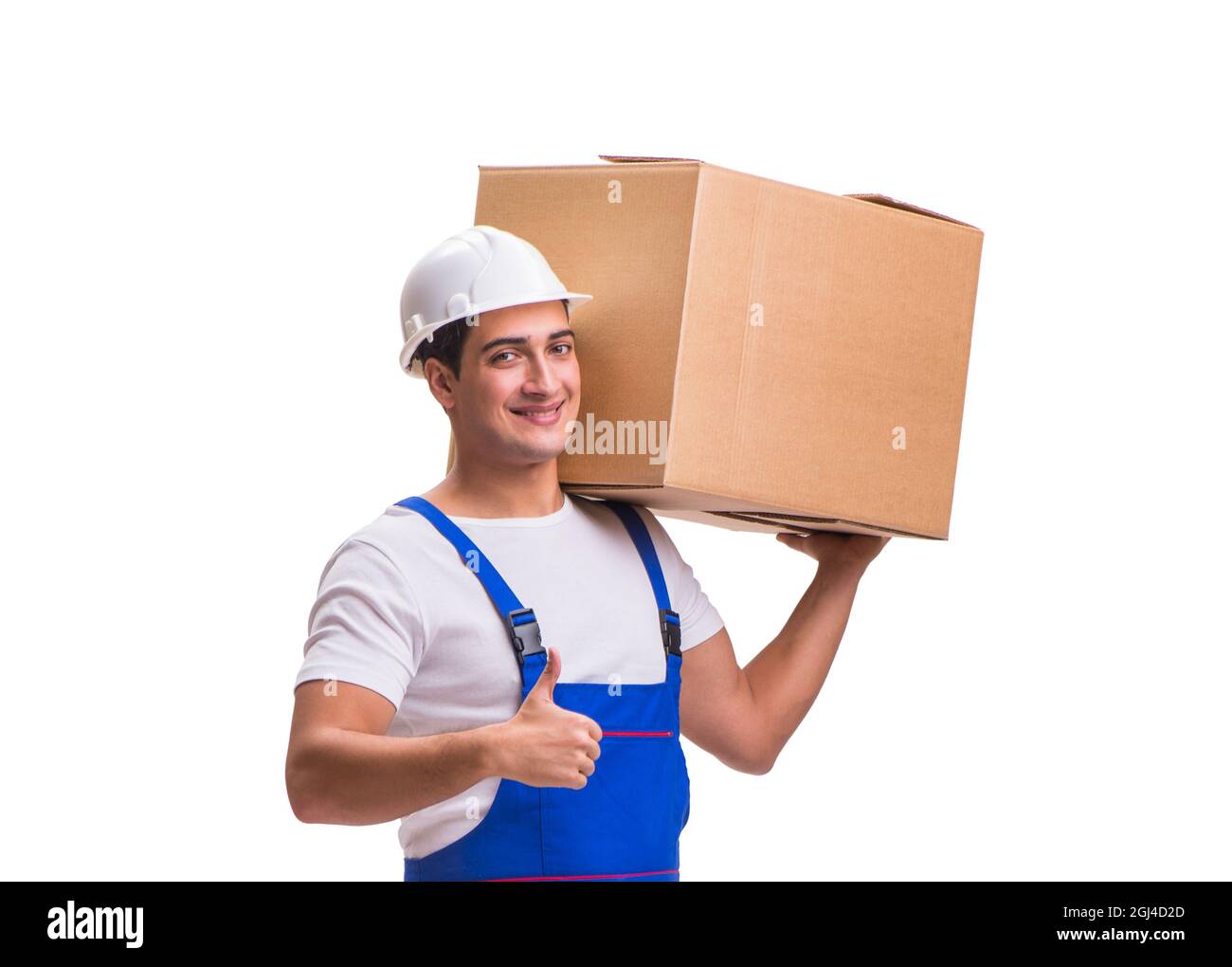 The man delivering box isolated on white Stock Photo - Alamy