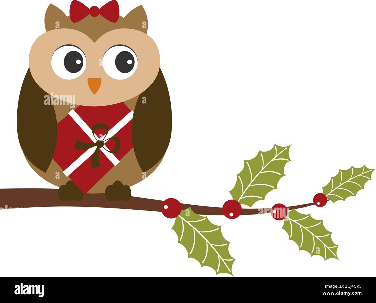 Cute Owl with Bow Holding Christmas Gift Box Sitting on Holly Branch ...