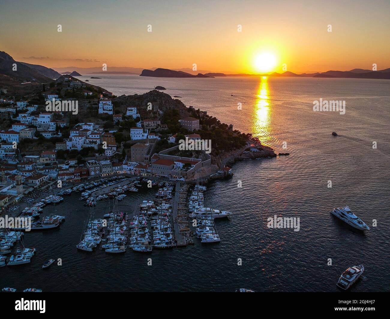 Aerial drone panoramic photo of the picturesque port and main village ...