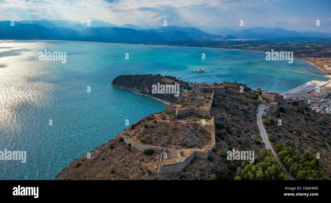 Aerial dramatic view over the medieval Venetian fortress of Palamidi ...