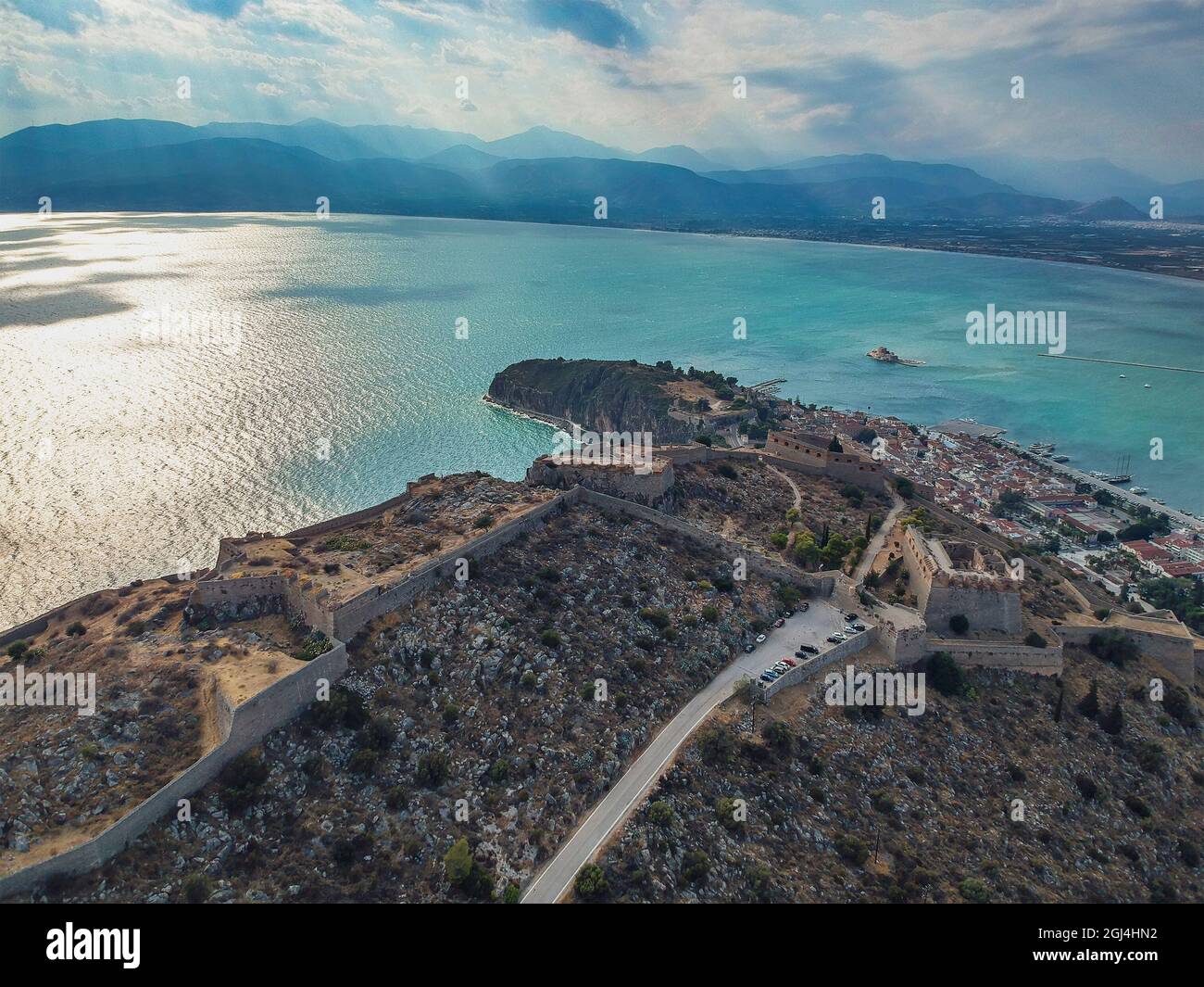 Aerial dramatic view over the medieval Venetian fortress of Palamidi ...