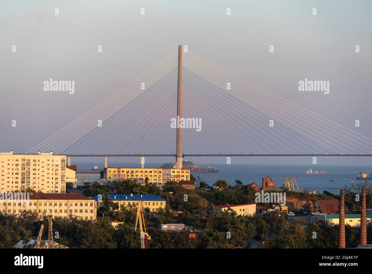 City landscape with a view of the Russian Bridge. Vladivostok, Russia ...