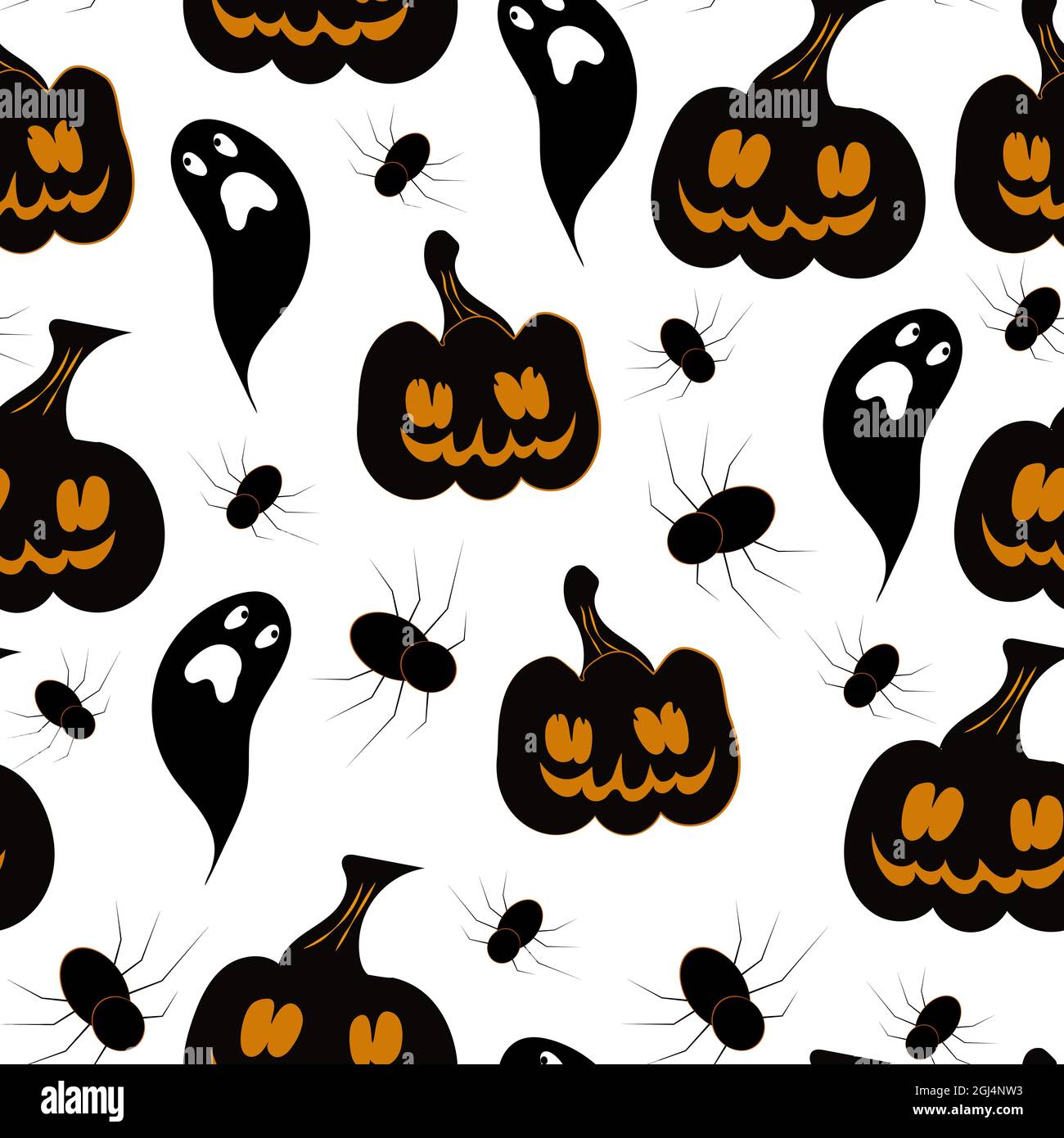 Scary ghosts and pumpkins with spiders seamless pattern, Halloween hand ...
