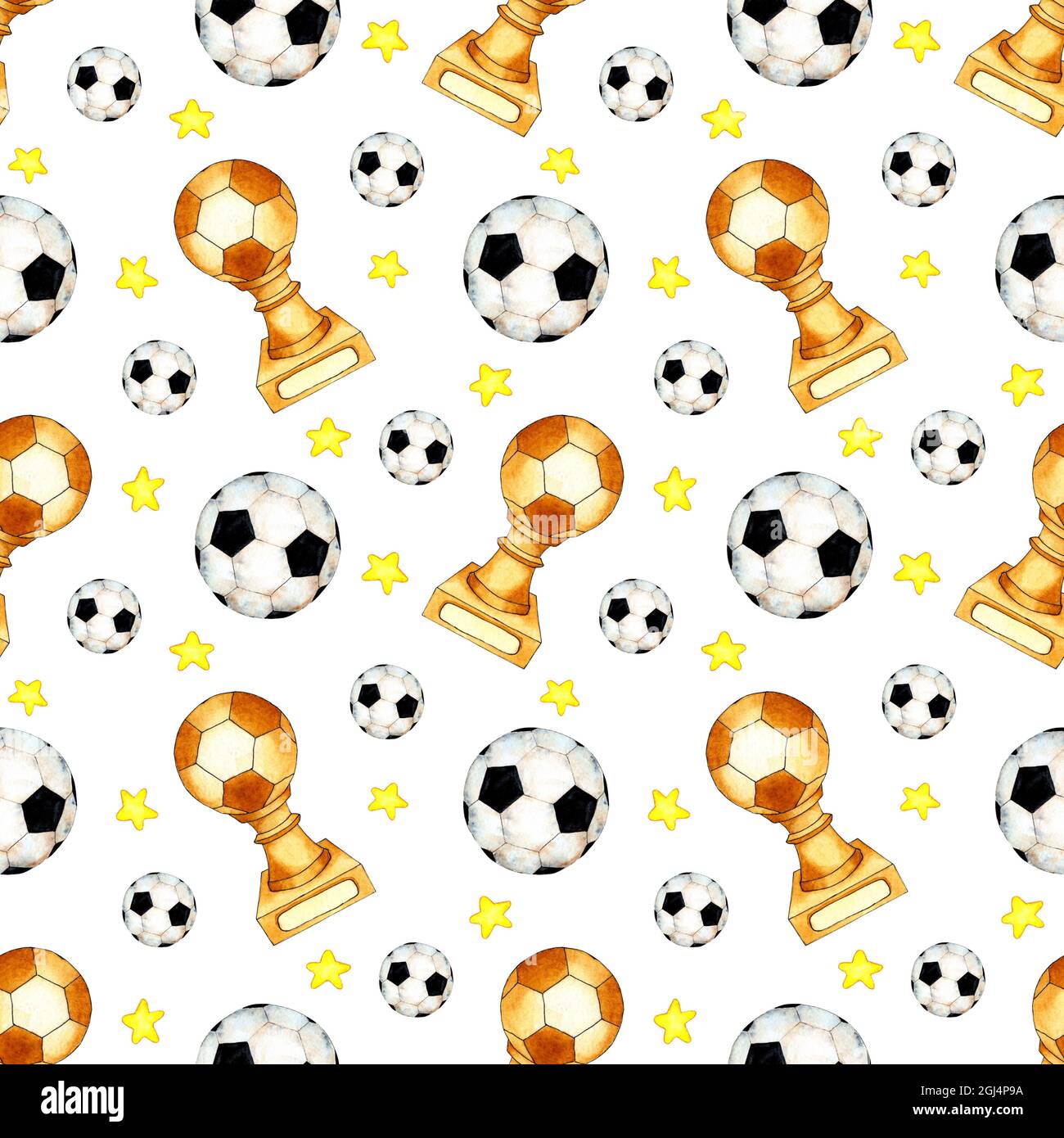 Watercolor illustration pattern of soccer ball, cup and stars. Seamless ...