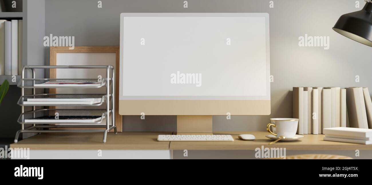 Close up view of cozy office desk interior with desktop computer mockup ...