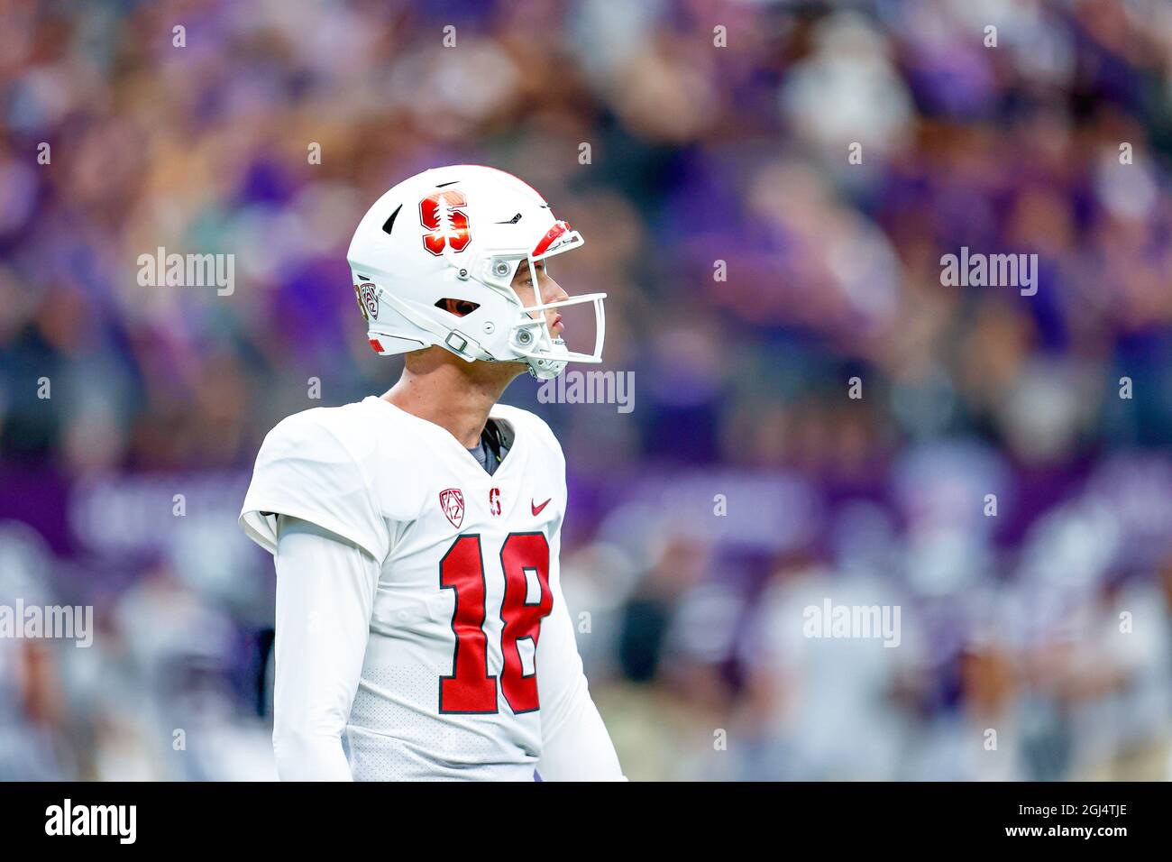 Stanford quarterback Tanner McKee (18) looks on in the first half of an ...
