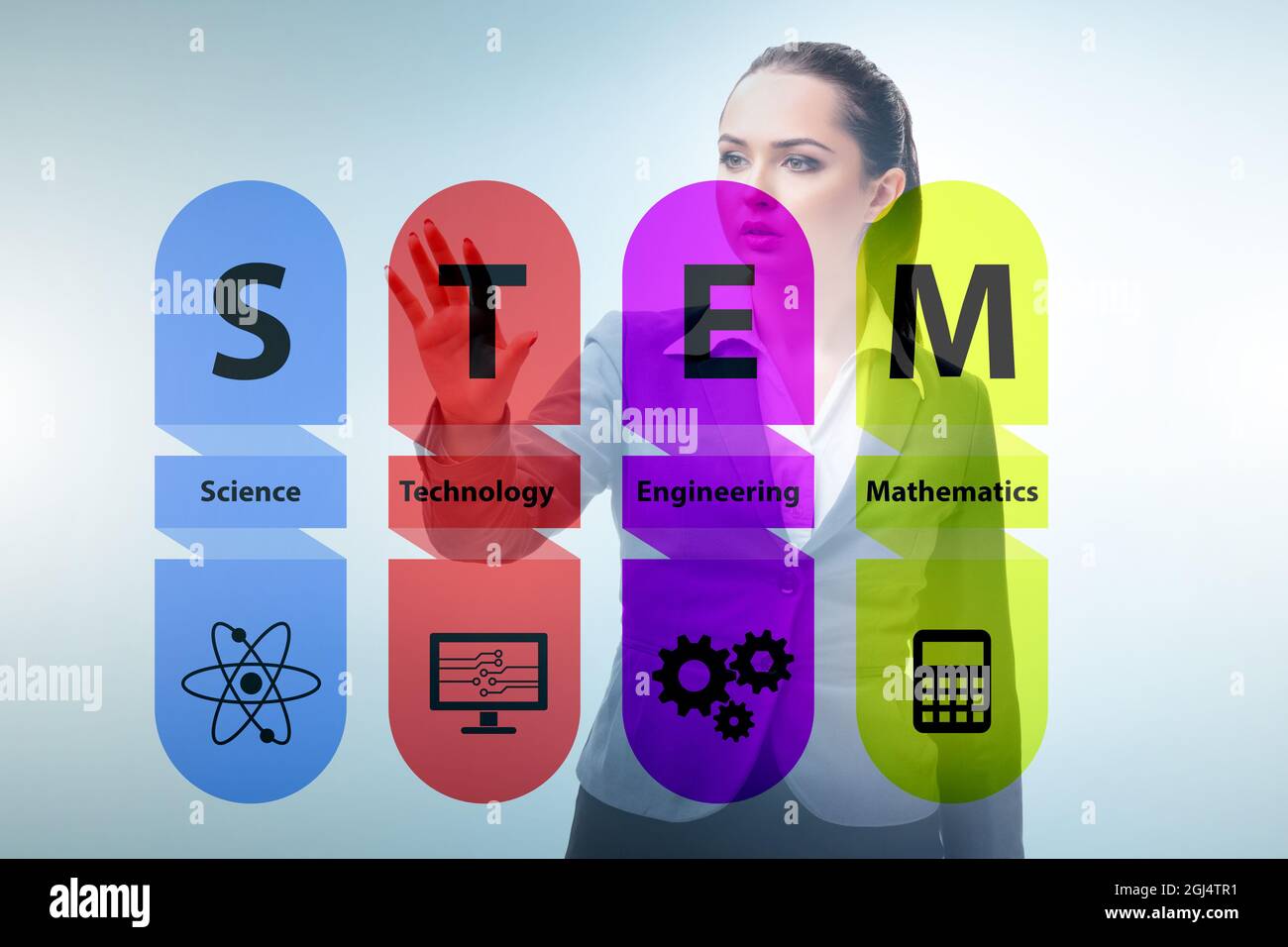 Businesswoman pressing virtual buttons in the STEP education concept ...