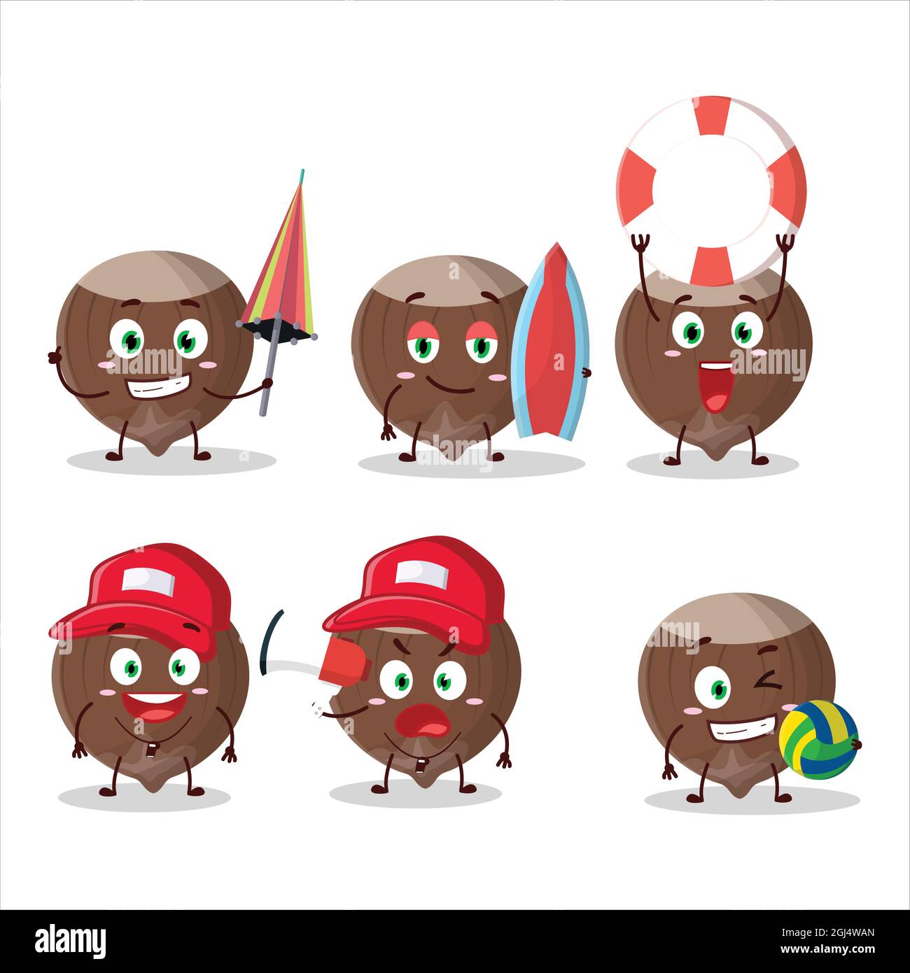 Happy Face hazelnut cartoon character playing on a beach. Vector ...