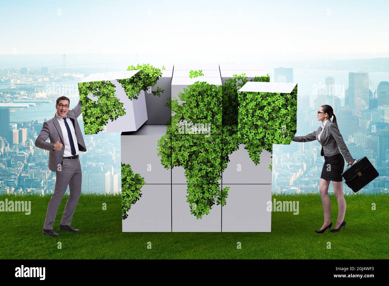 Business people building world map from the cubes Stock Photo - Alamy