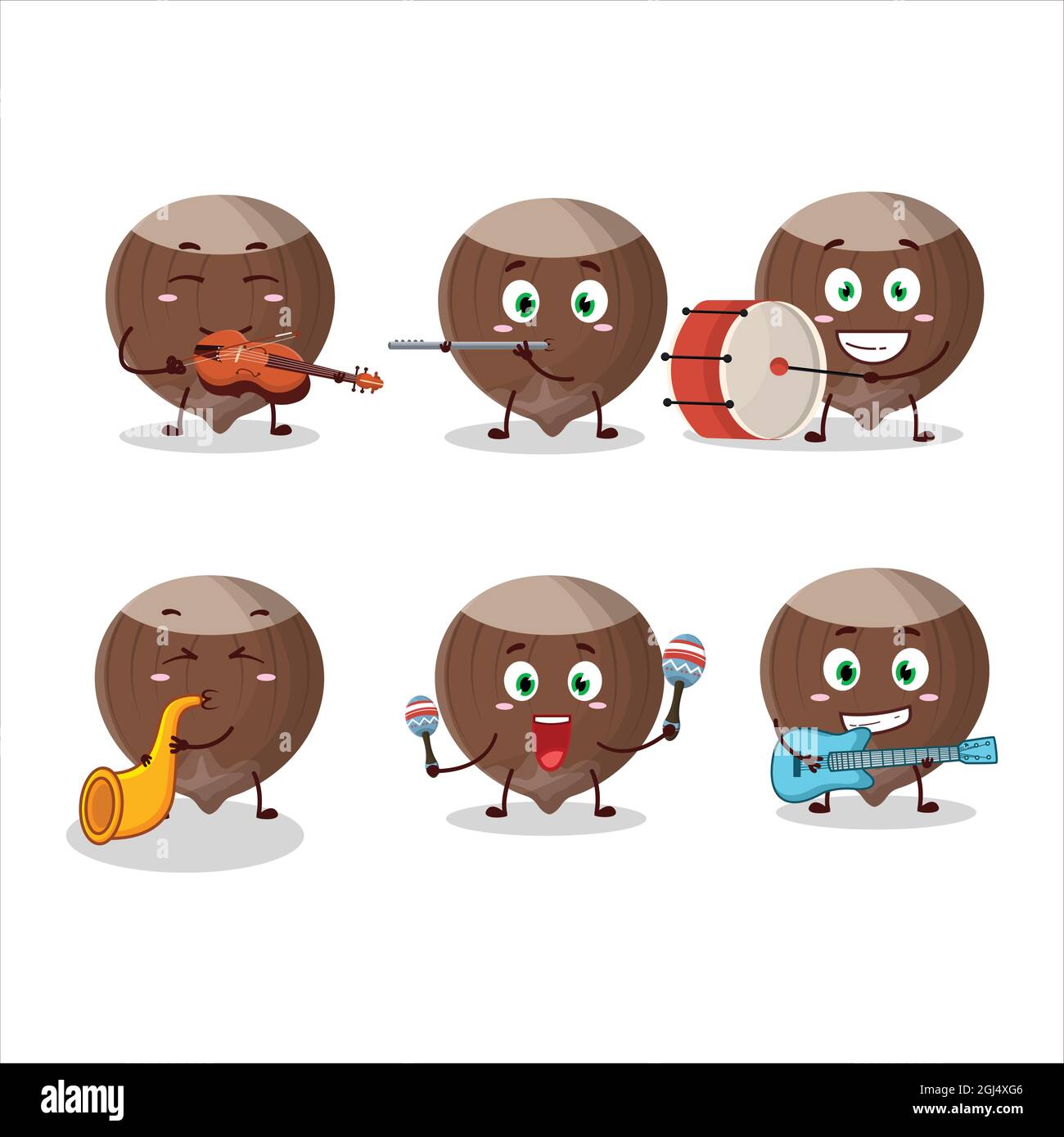Cartoon character of hazelnut playing some musical instruments. Vector ...