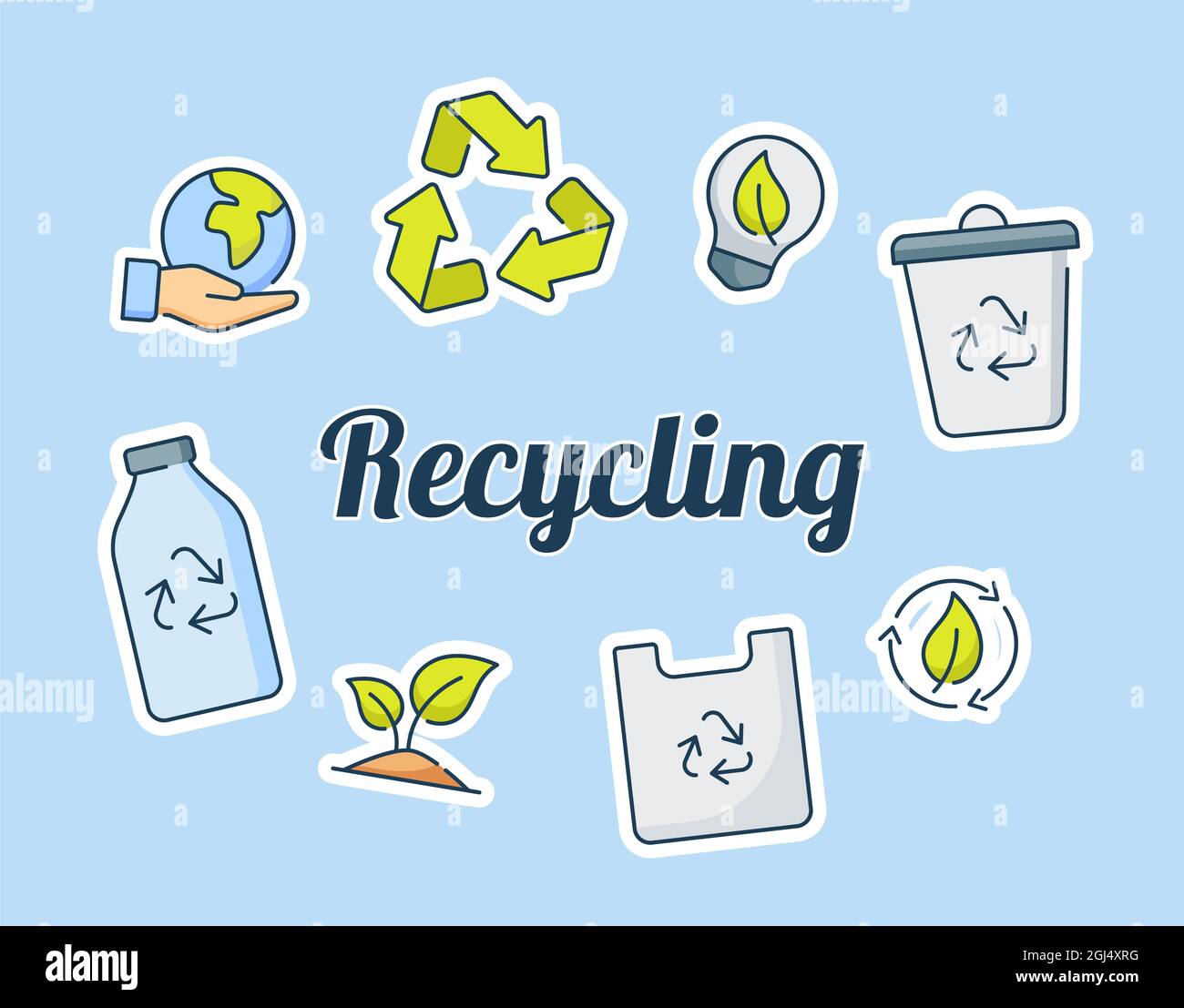 recycling lettering around icons package blue isolated background with ...