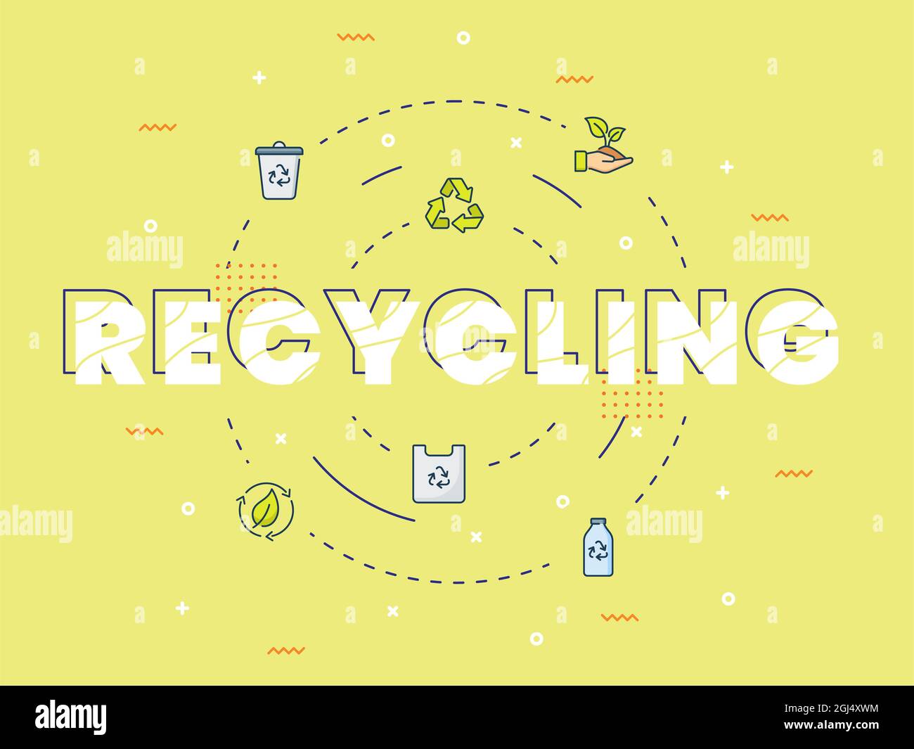 recycling lettering around set icons package yellow isolated background ...
