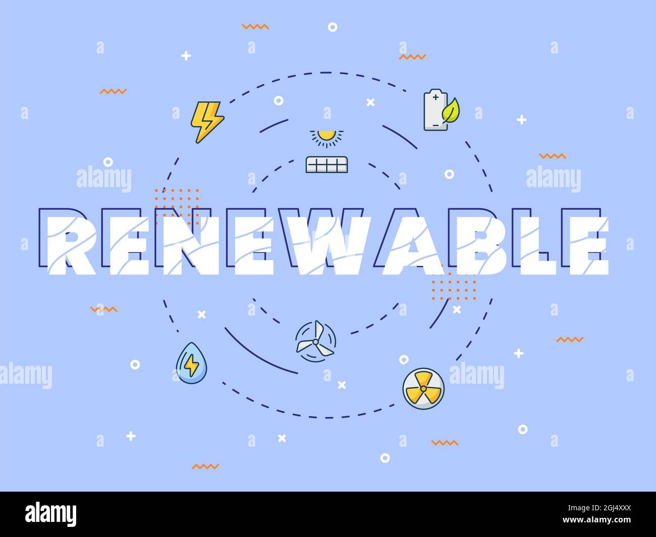 Renewable lettering around set icons package purple isolated background ...