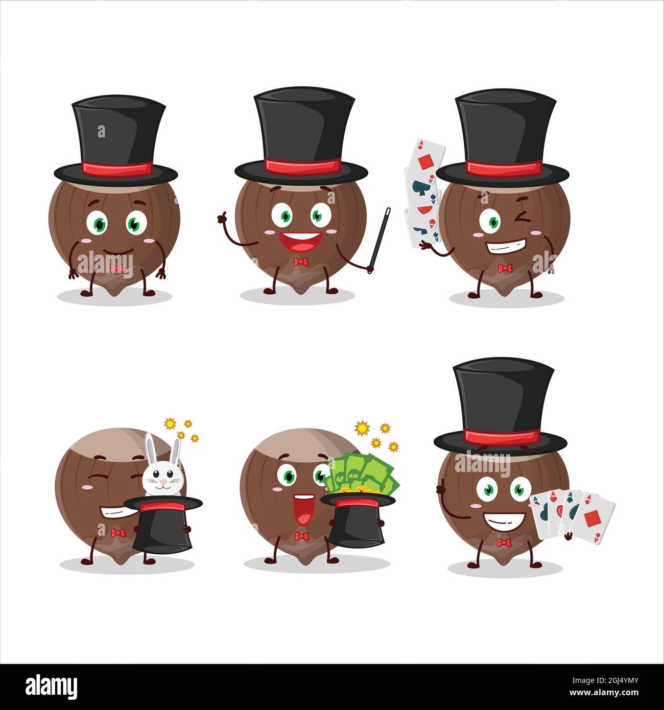 A hazelnut Magician cartoon character perform on a stage. Vector ...