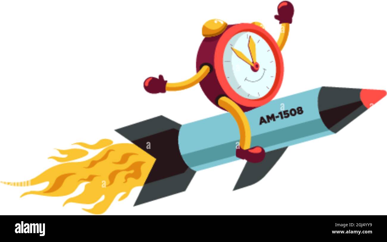 Clock character sitting on flying rocket vector Stock Vector Image ...