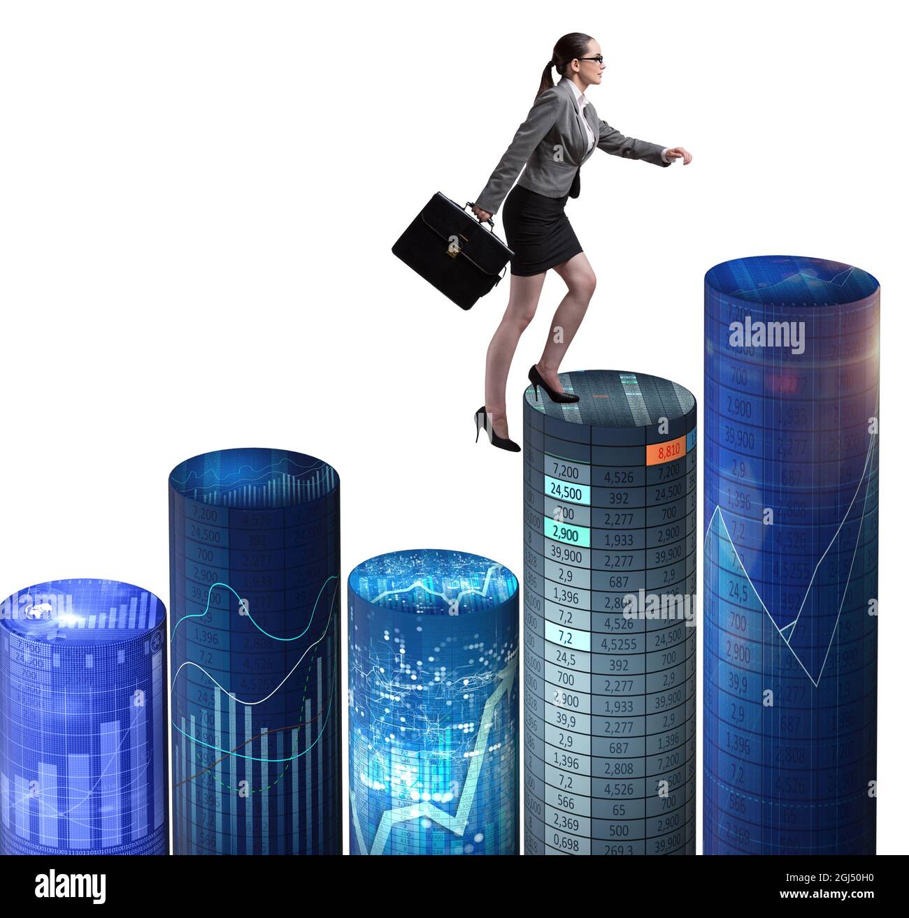 The businesswoman walking over bar charts Stock Photo - Alamy