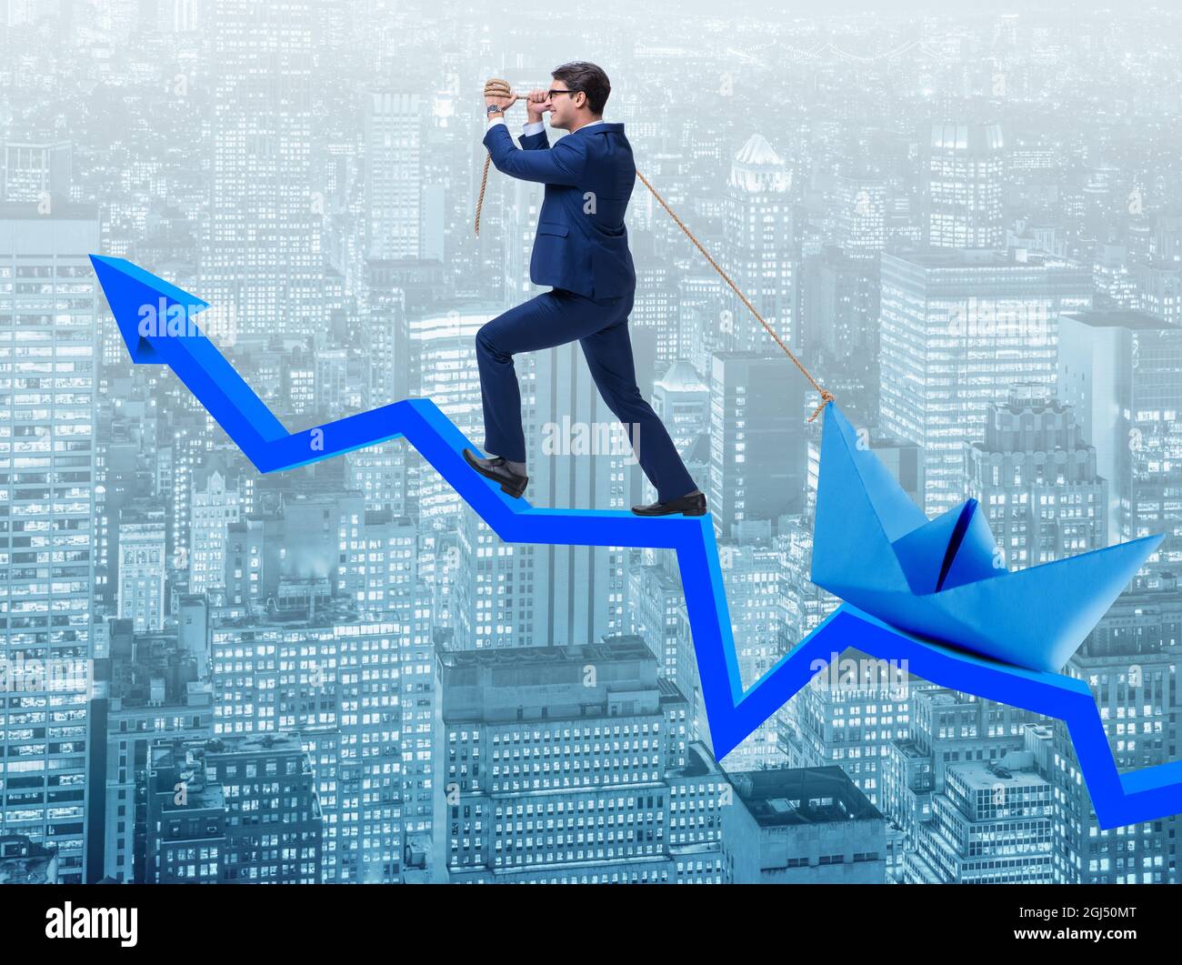 The businessman pulling boat over line chart Stock Photo - Alamy