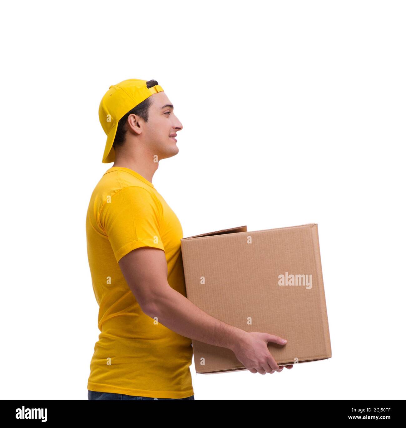The funny delivery boy with box isolated on white Stock Photo - Alamy