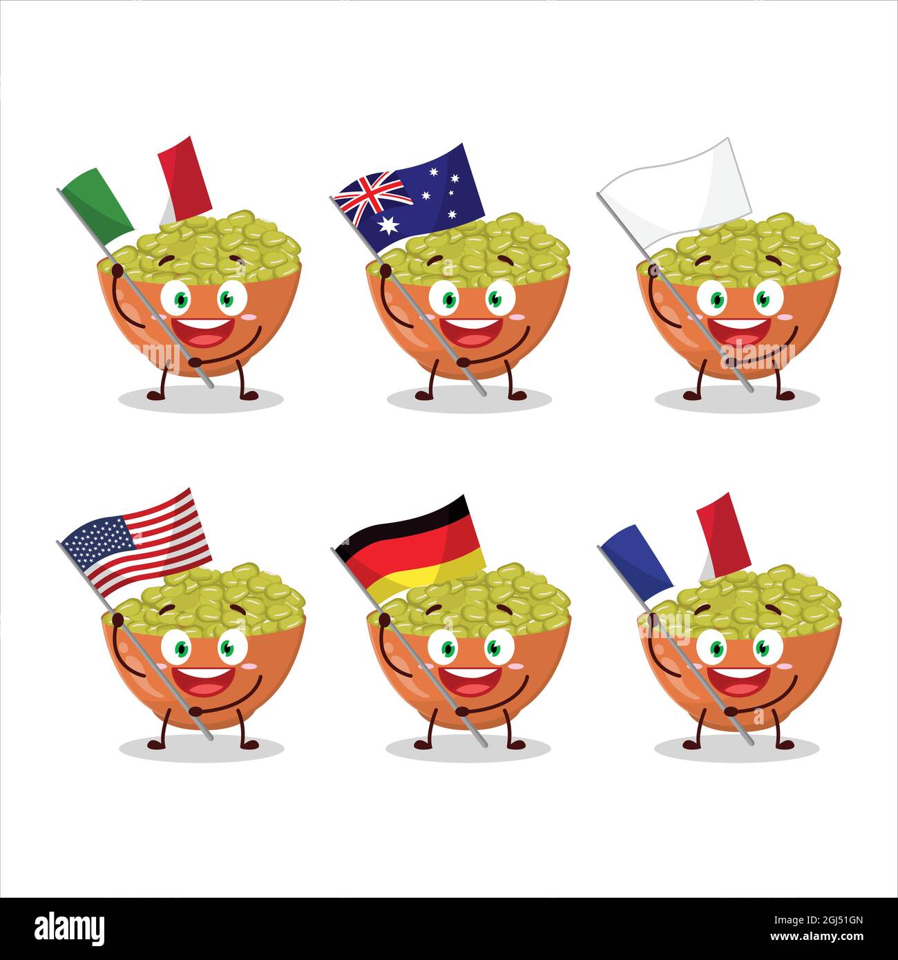 Mung beans cartoon character bring the flags of various countries ...