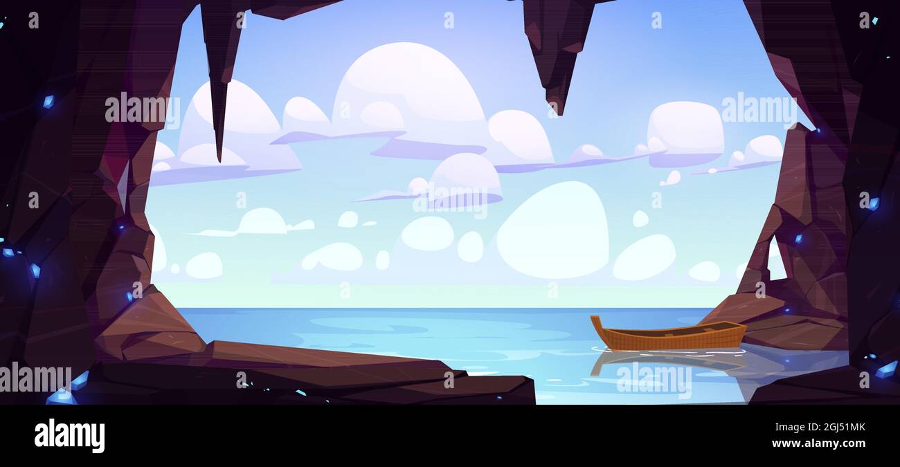 Cave seaview landscape with lonely wood boat float on water surface ...