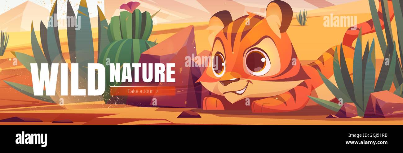 Wild nature cartoon web banner. Funny tiger cub hunting in African ...