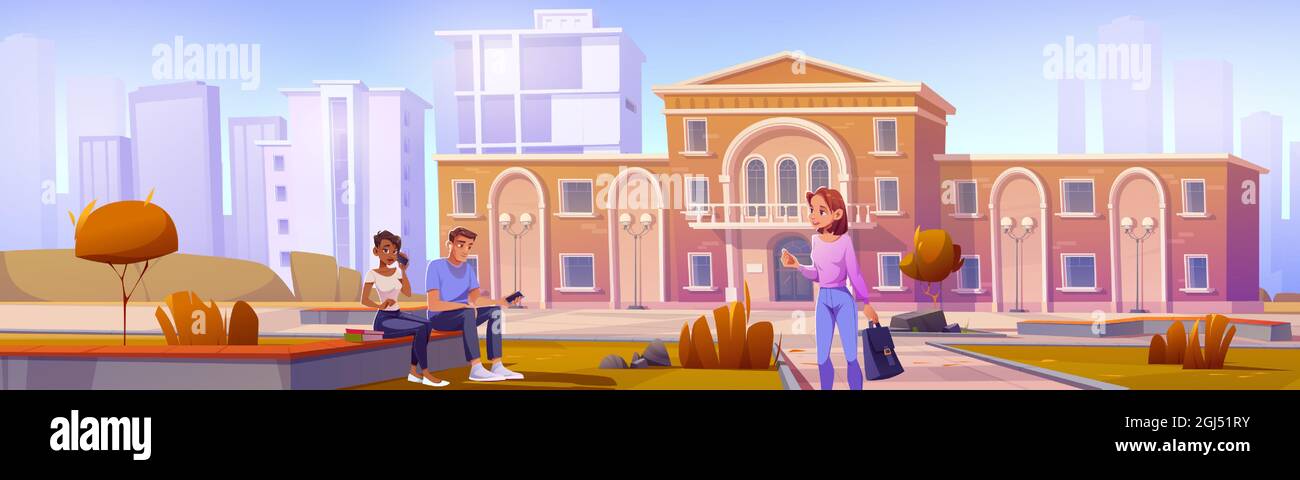 University campus or library facade with students diversity ...