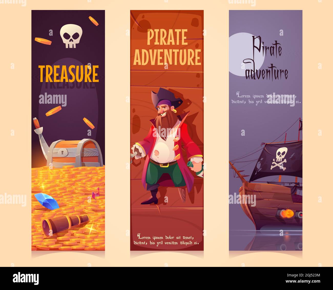 Pirate adventure vertical banners set, treasure chest with gold ...