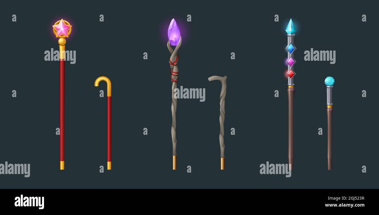 Walking sticks and magic staves for wizard or magician. Vector cartoon ...