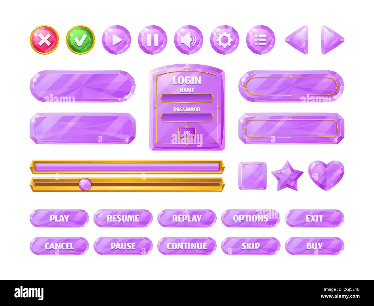 Diamond game ui buttons, pink crystal progress bar, Cartoon menu interface gui elements. User ...