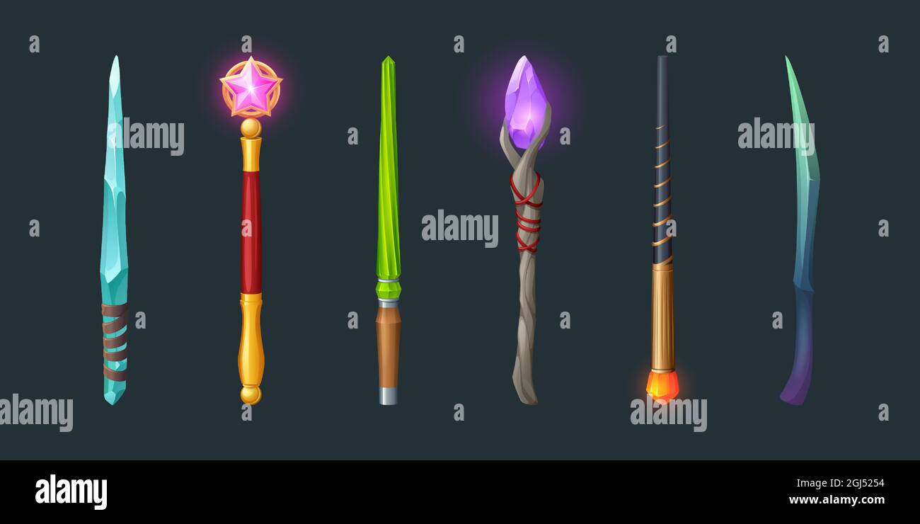 Set of magic wands, wizard or witch sticks with glowing gems, frozen ...
