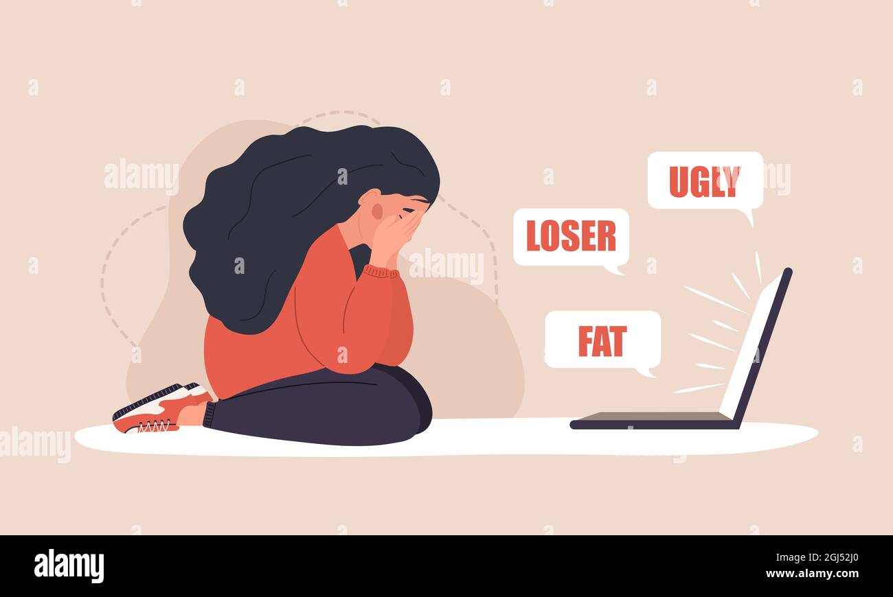 Cyber bullying. Sad woman with laptop receiving pop up messages. Online ...