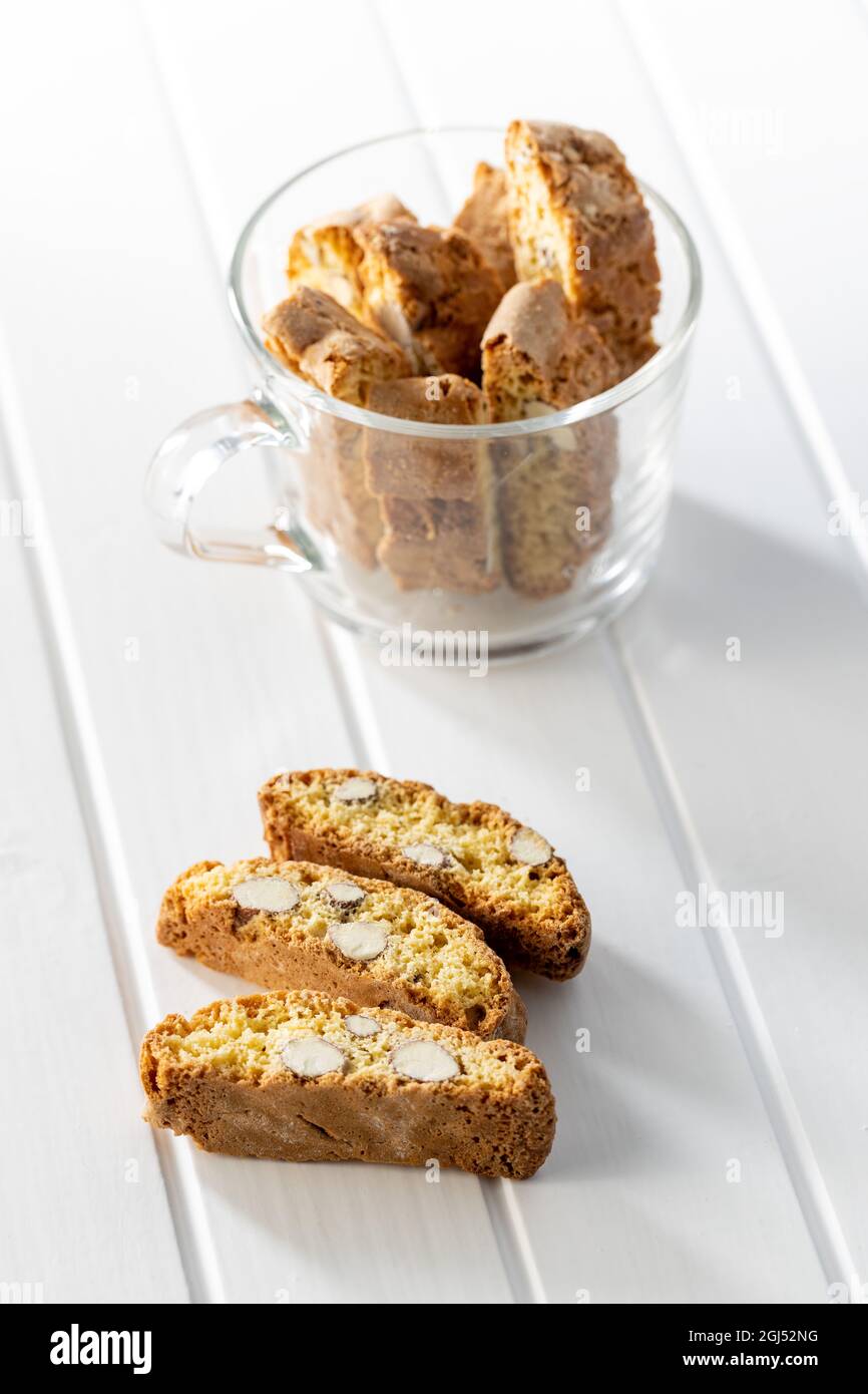 Italian cantuccini cookies. Sweet dried biscuits with almonds on white ...