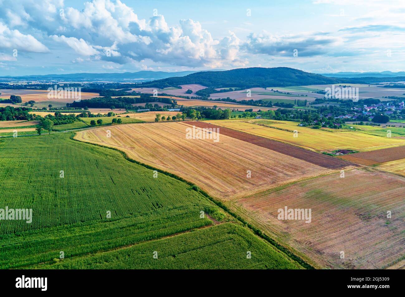 Aerial view of agricultural and green fields in countryside. Nature ...