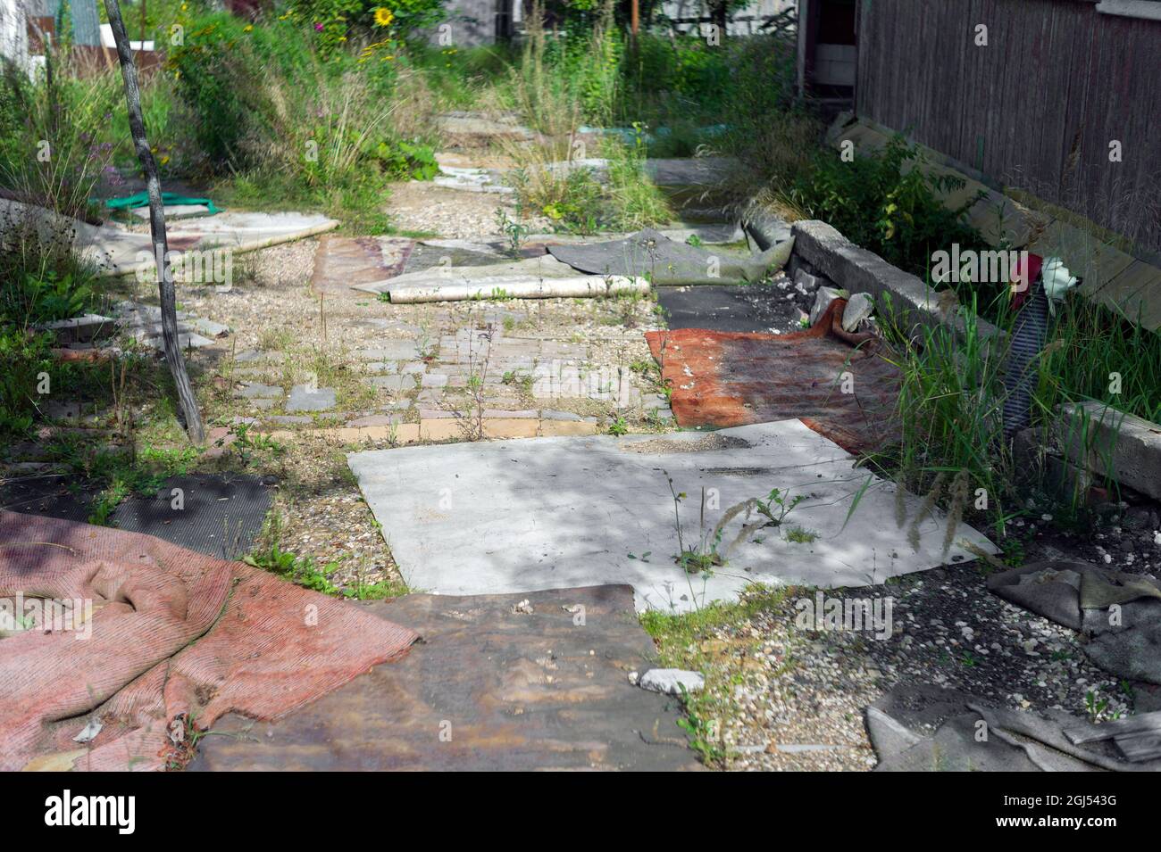 extremely messy yard with carpets and rags abandoned on the ground ...