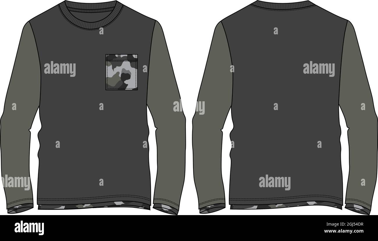 Two tone Long sleeve round neck With pocket and long bottom t shirt technical fashion flat ...