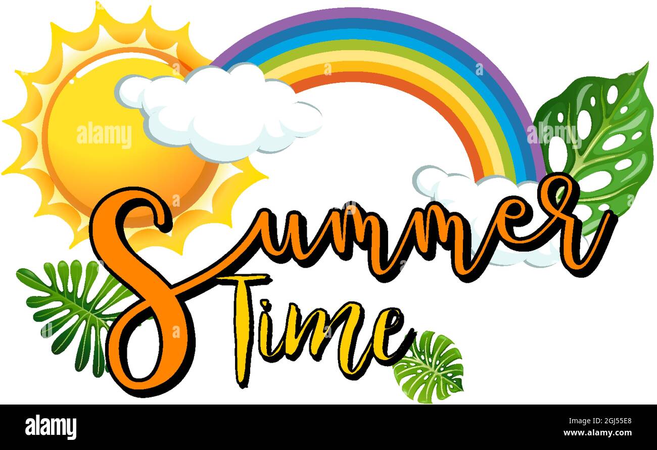 Summer Time banner with sun and rainbow in cartoon style isolated ...