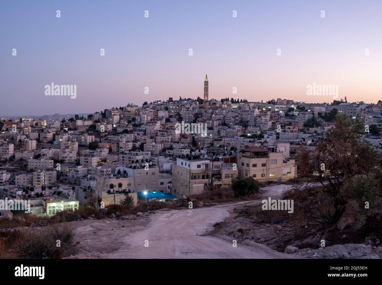 View at twilight of the Arab neighborhood of A-Tur located on the Mount ...