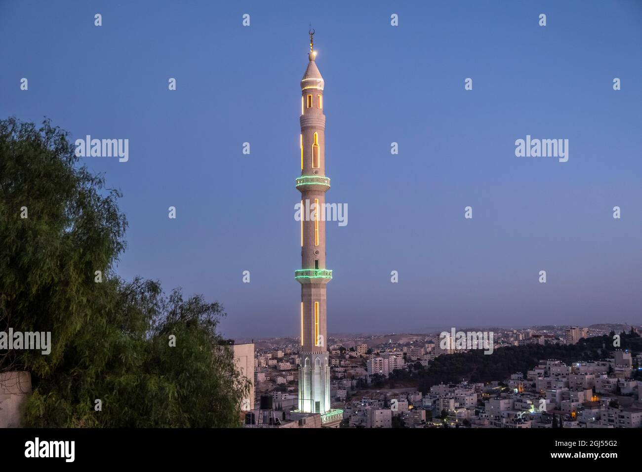 View at twilight of the minaret of Khalid ibn Al-Walid Mosque in the ...
