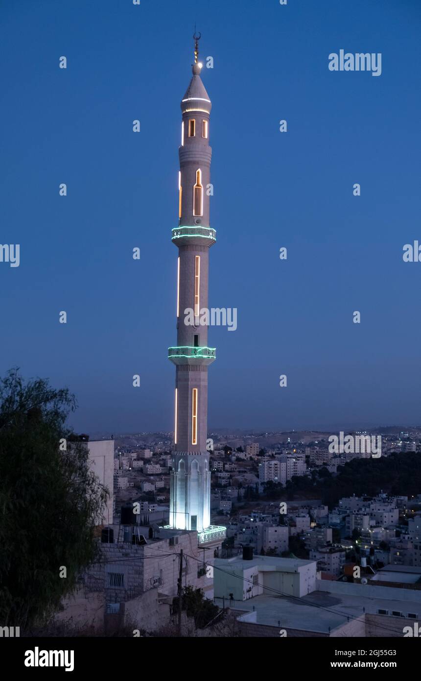 View at twilight of the minaret of Khalid ibn Al-Walid Mosque in the ...