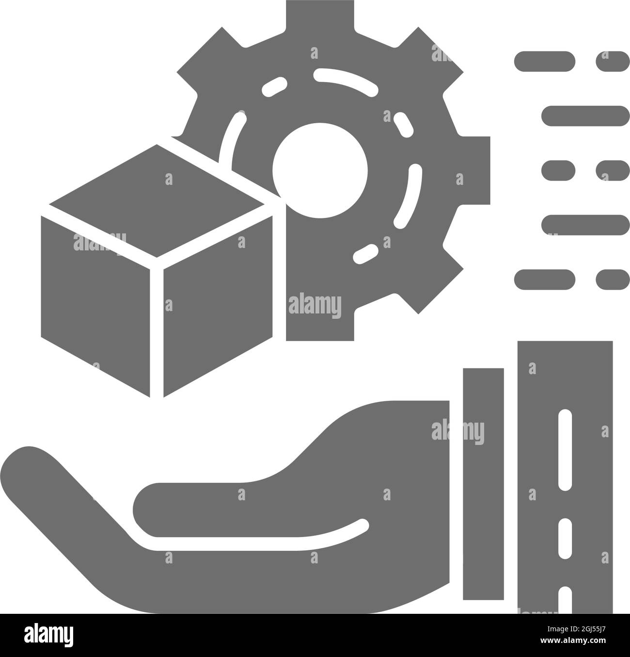 Hand with gear wheel and cube, engineering tools concept grey icon ...