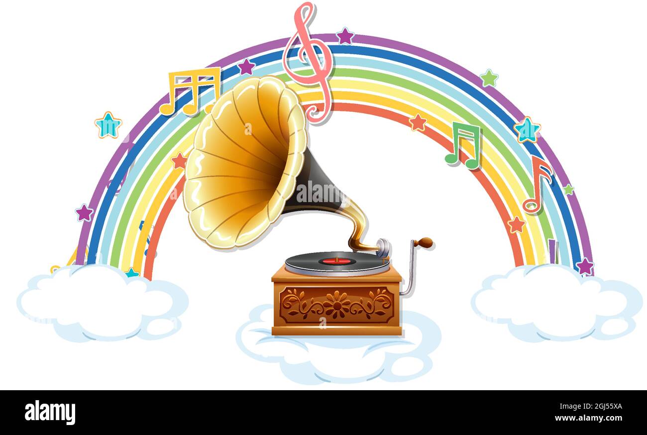 Gramophone with melody symbols on rainbow illustration Stock Vector ...