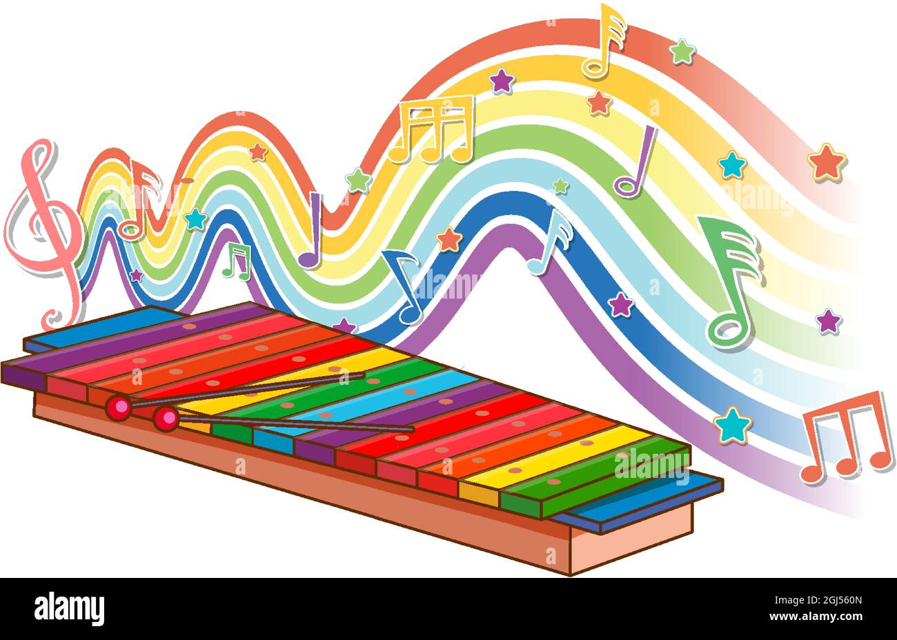 Xylophone with melody symbols on rainbow wave illustration Stock Vector ...