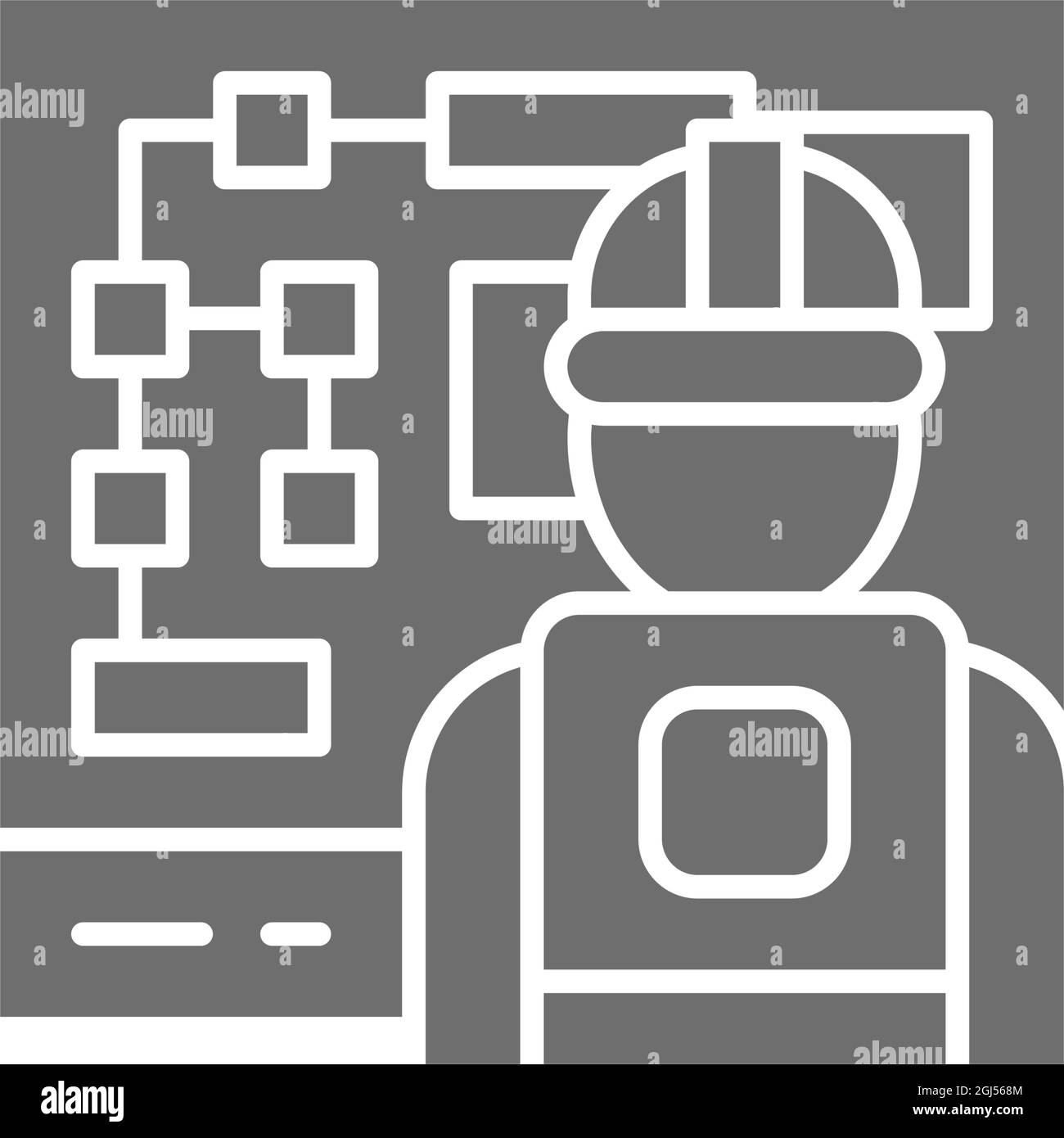Engineer at workplace, electric management board grey icon Stock Vector ...
