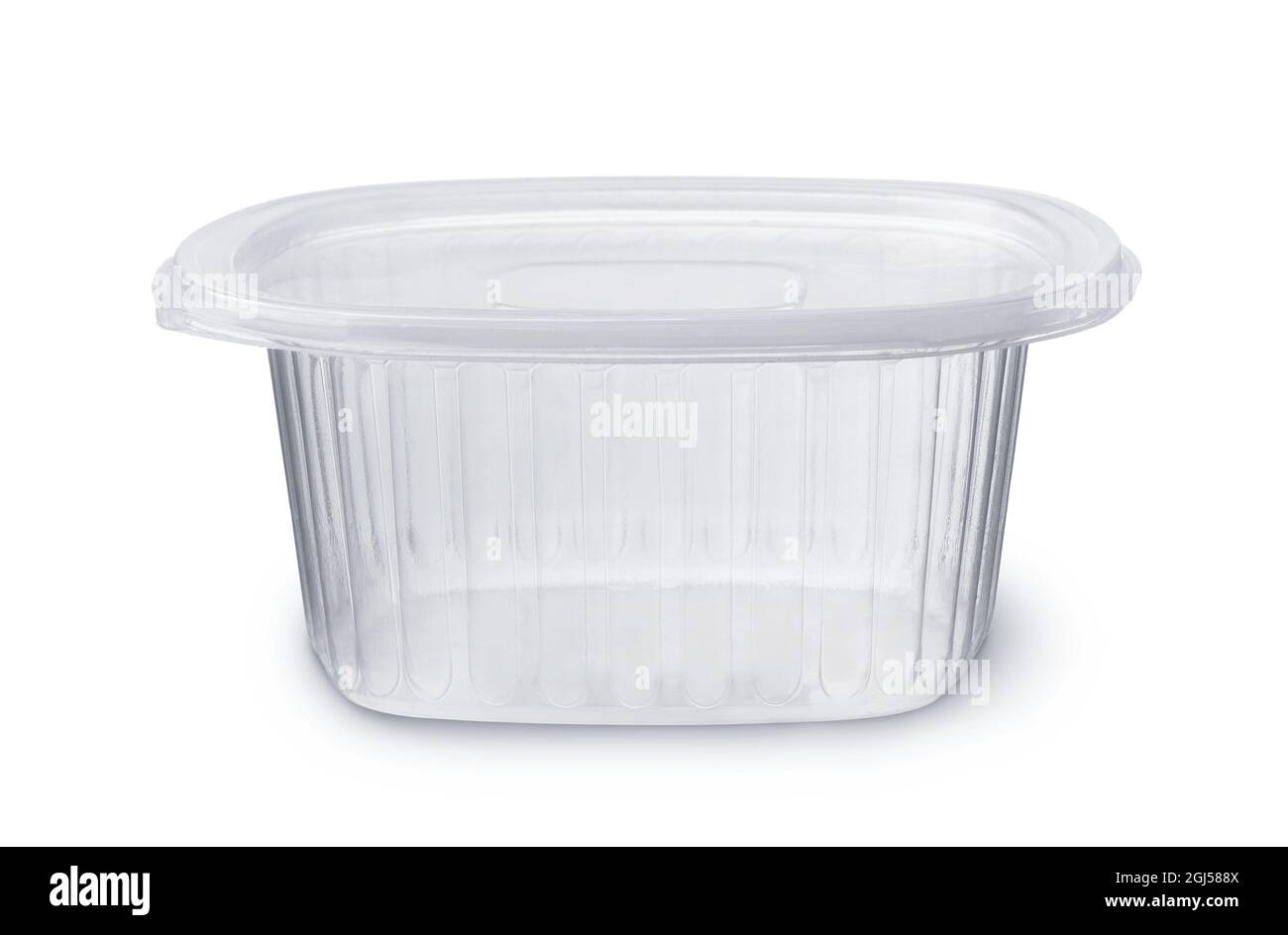 Front view of empty transparent plastic disposable food box isolated on ...