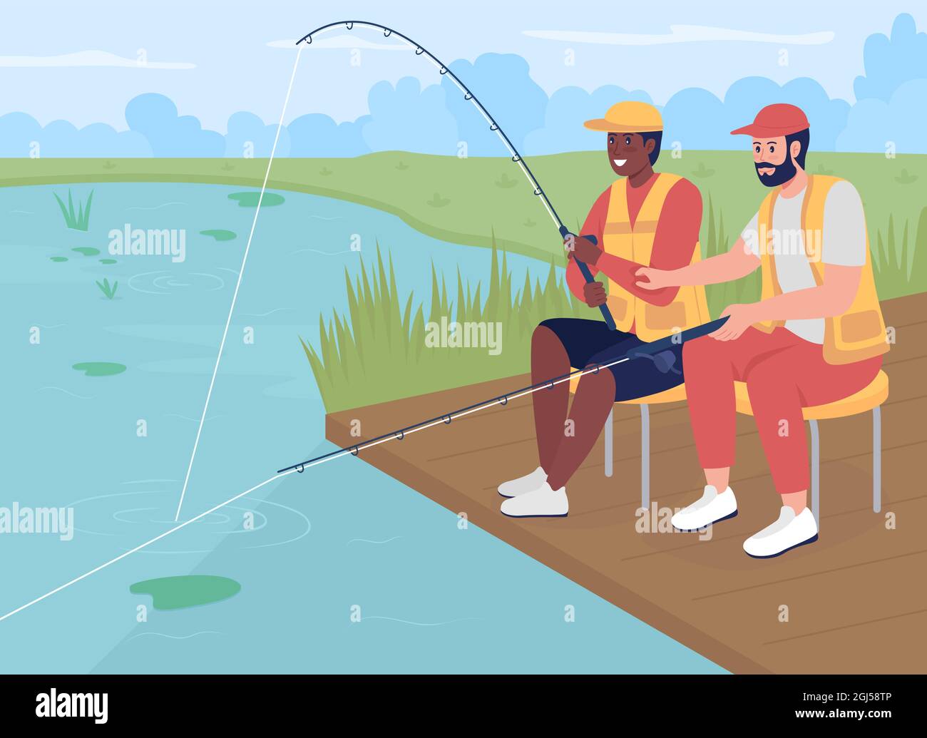 Fishing with friend flat color vector illustration Stock Vector Image ...