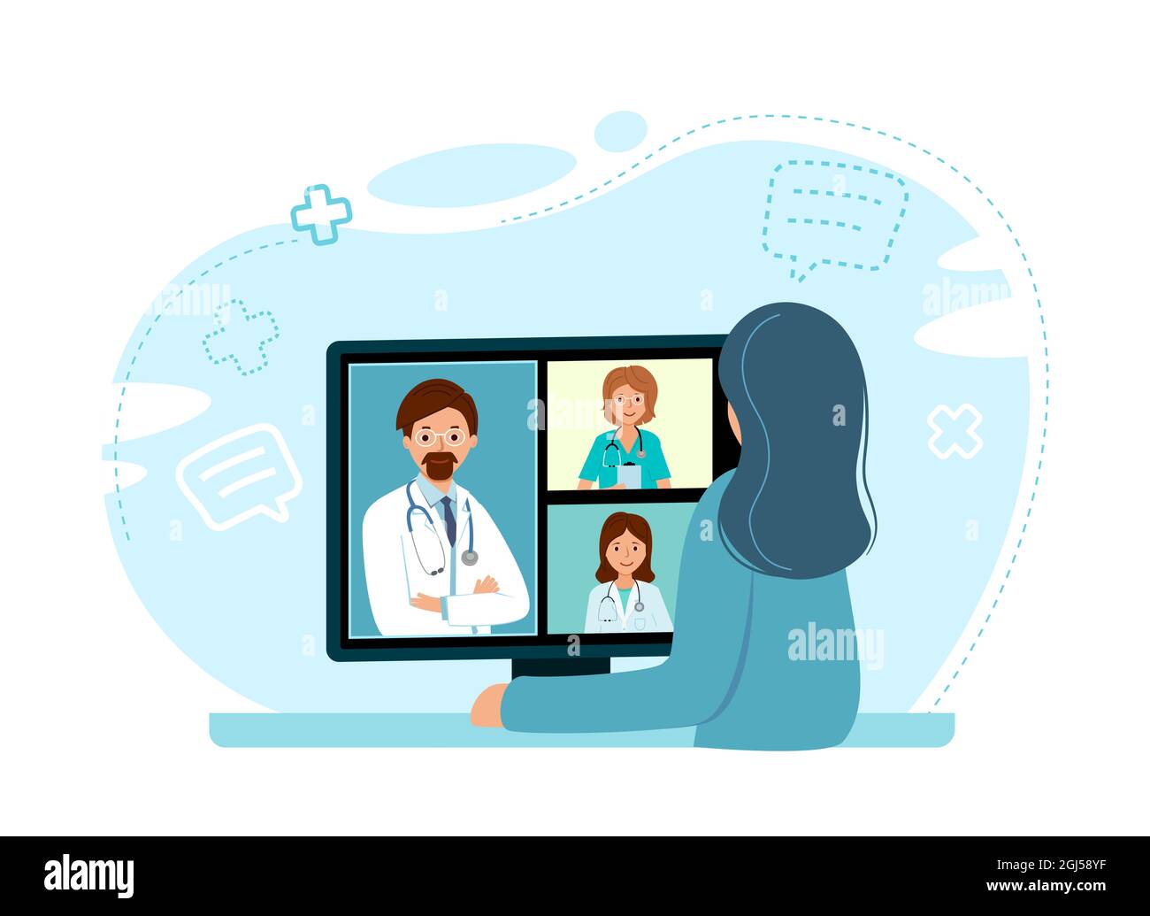consulting a doctor online using computer. Call doctor using media ...