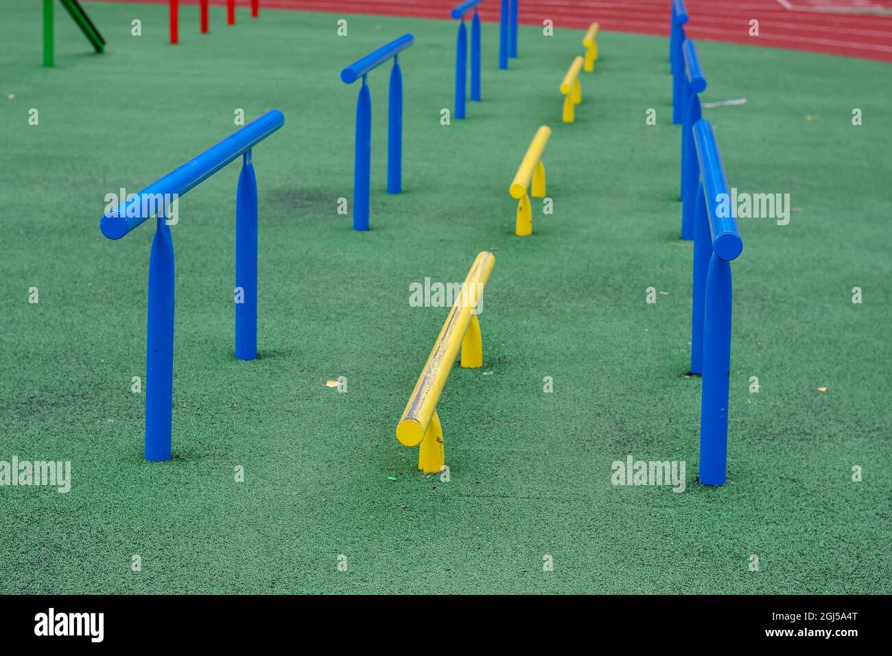 Sports ground with horizontal bars for legs and abs. Open area f Stock ...