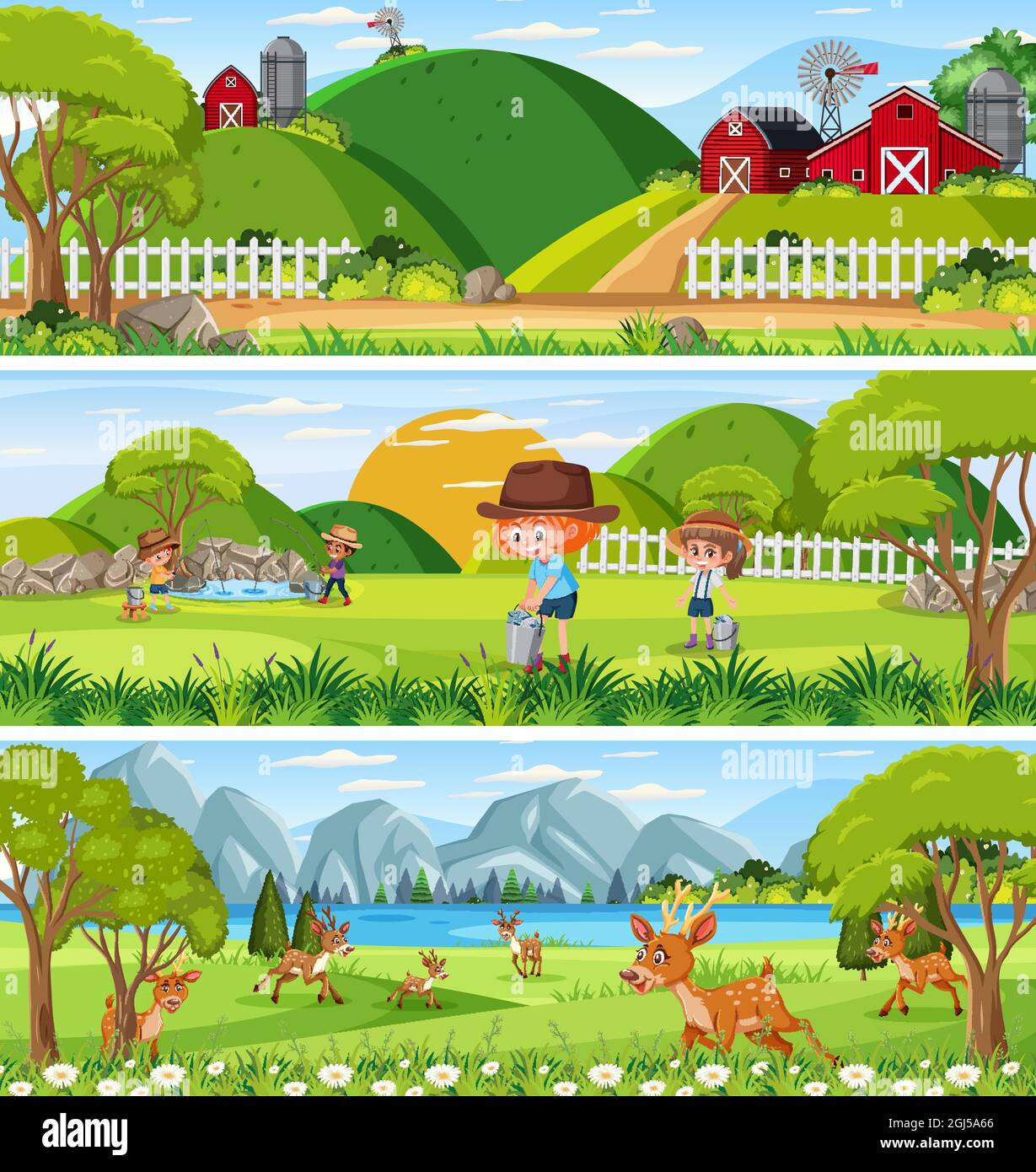Set of different nature landscape at daytime scene with cartoon ...